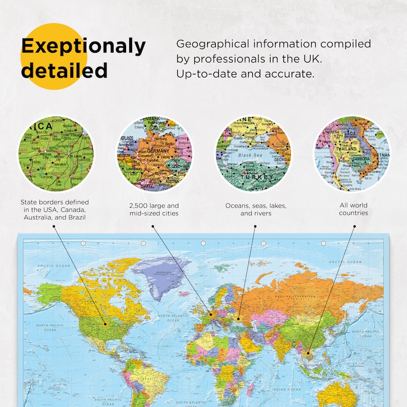 Political Accurate World Map Poster - Detailed World Map Print With ...