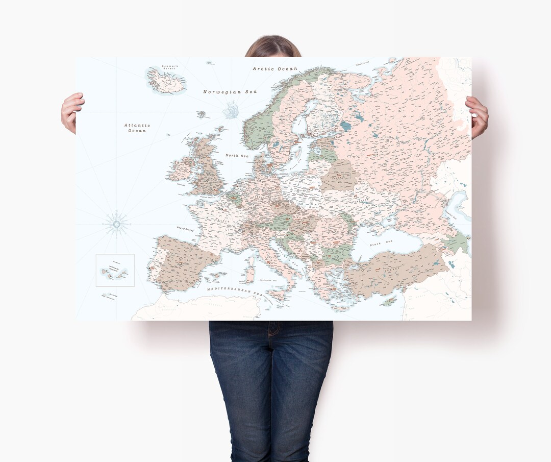 Retro Europe Poster - Detailed Map of Europe Continent With Countries ...