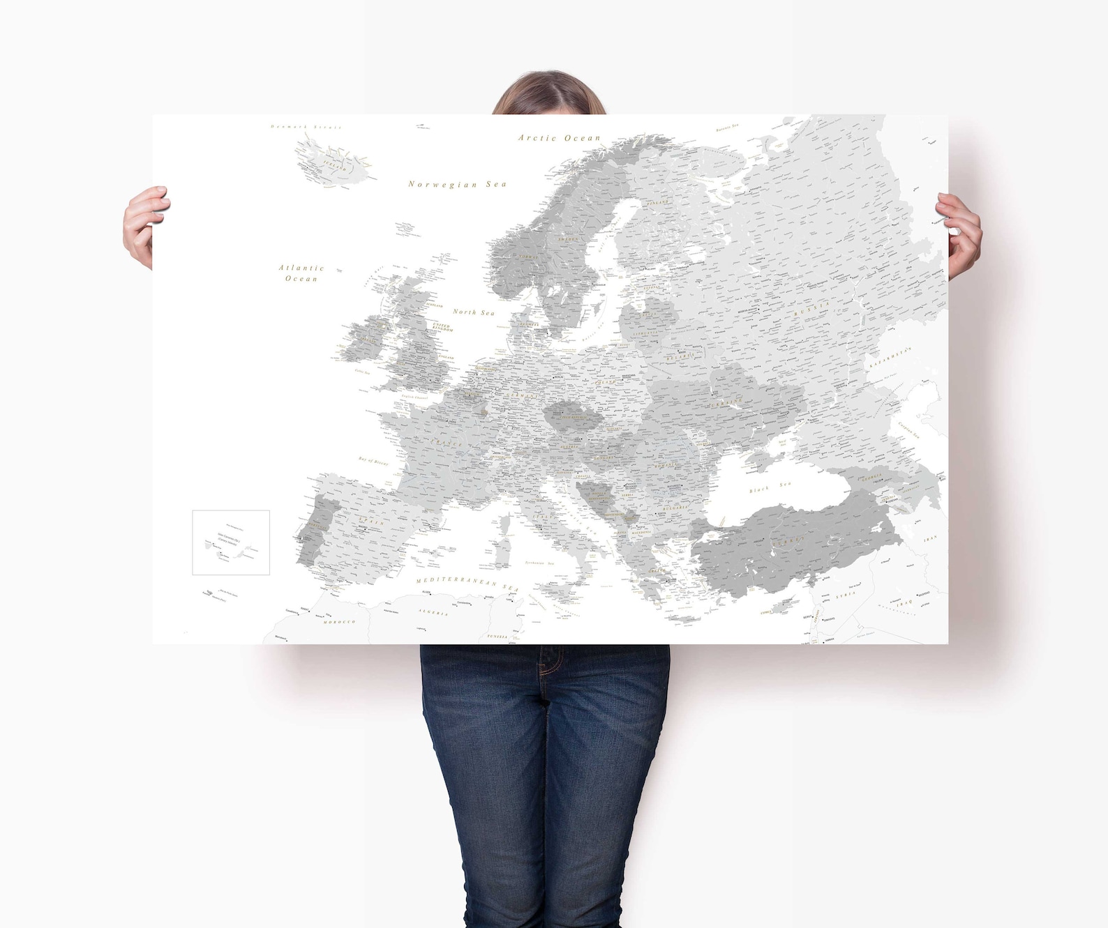 Large Grey Europe Map Canvas Print High Detailed Accurate | Etsy