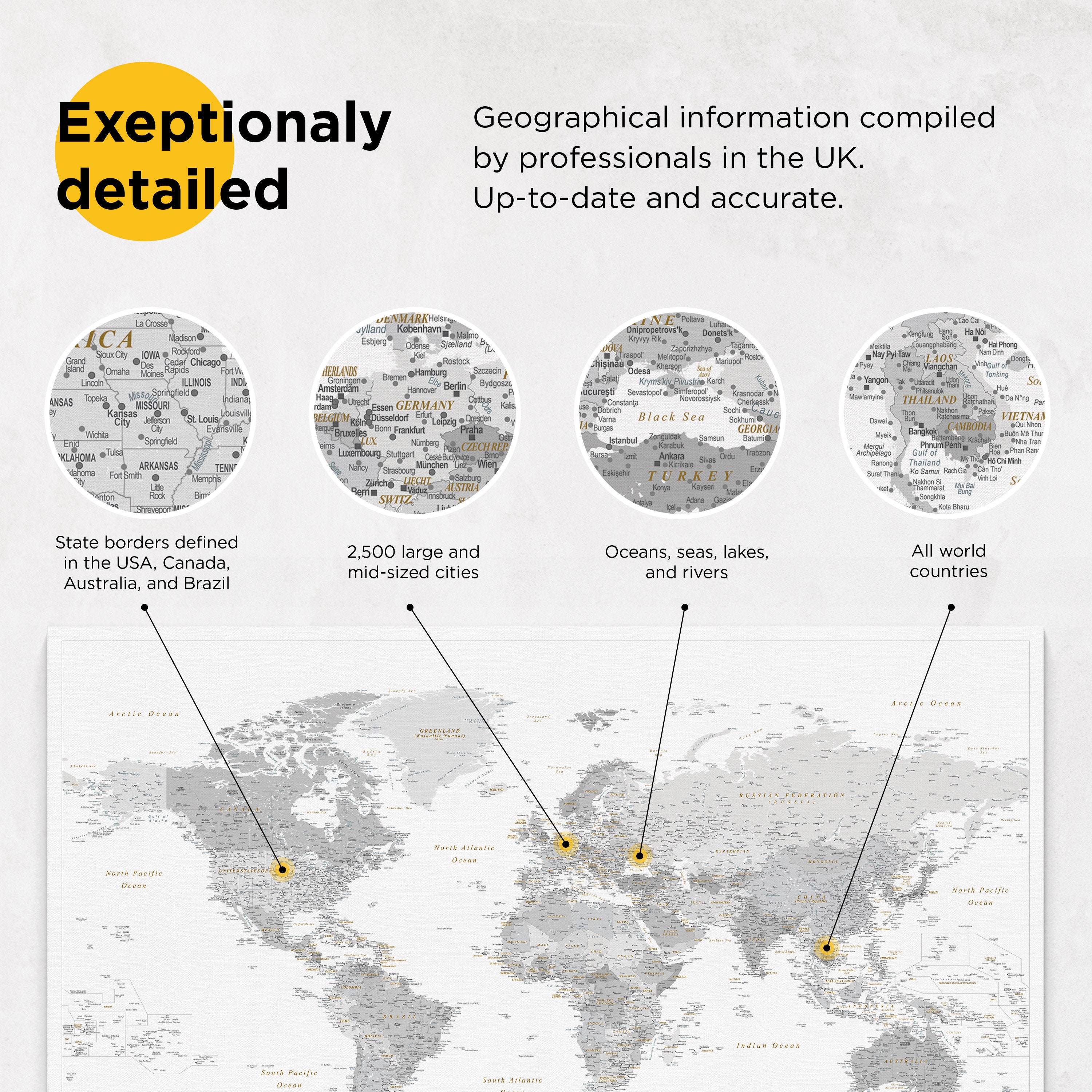 Large Grey World Map Canvas Print - High Detailed Accurate World Map ...