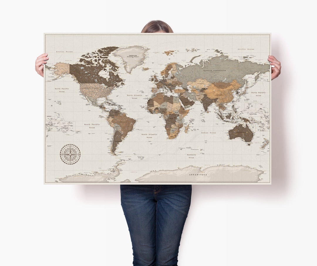 Detailed Big World Map Poster With Pins World Atlas Print Personalized ...