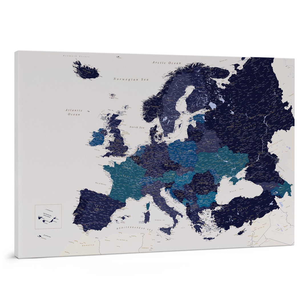 Detailed Push Pin Europe Map - Navy Blue Canvas Travel Pin Board ...