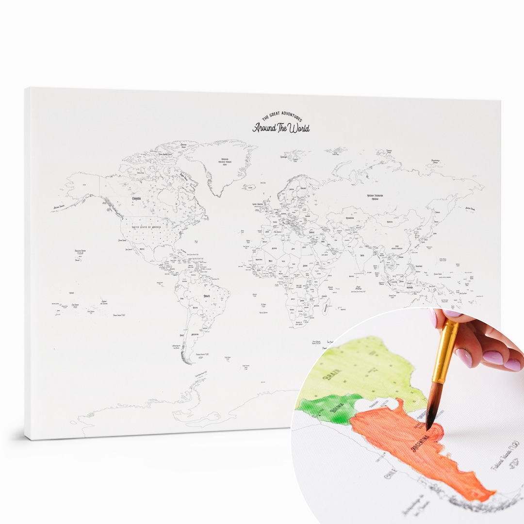 DIY Watercolor World Map, Paintable Travel Map Push Pin, Coloring ...