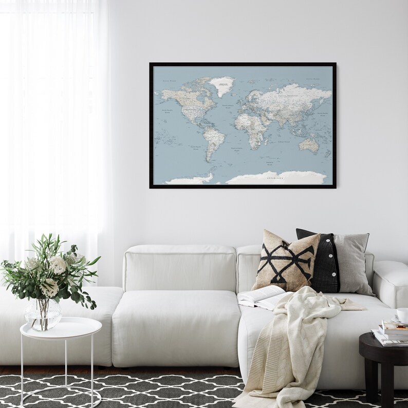 Mellow Blue World Map Poster - Accurate Big Wall Map Print - Detailed ...