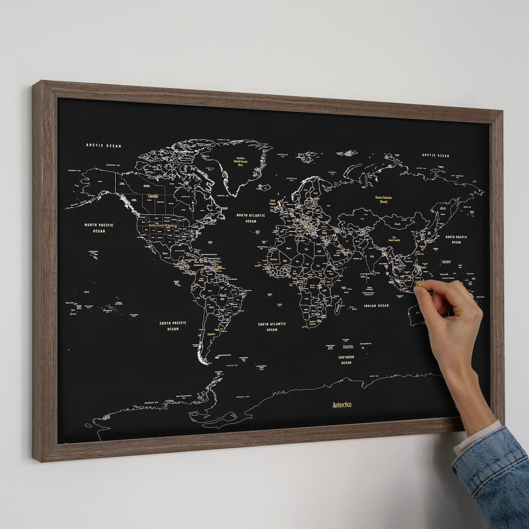 Mini World Map Push Pin Canvas, Framed Travel Tracker Pin Board to Mark ...