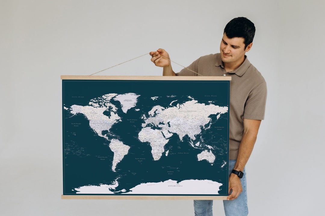 Green World Map Poster Magnetic Frame Detailed Accurate Travel Wall Art ...