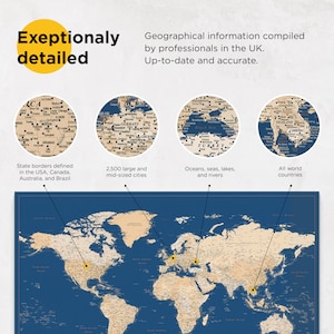 Dark Blue World Map Poster - Detailed Accurate Travel Map Print - Wall ...