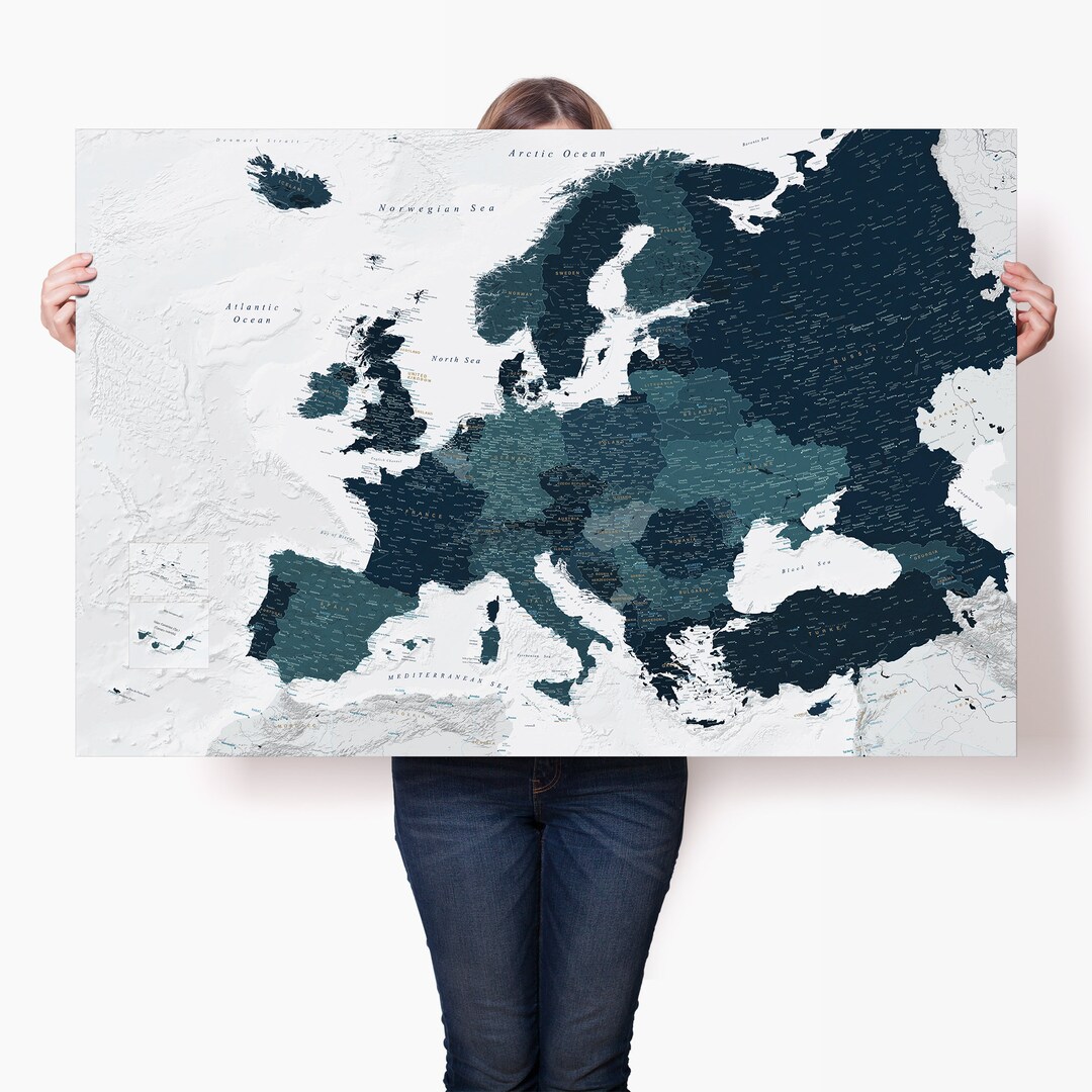 Large Europe Map Poster Teal Blue, Current Detailed Map of Europe Print ...