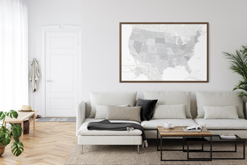 Large Grey USA Map Poster Detailed United States Wall Art - Etsy