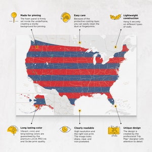 USA Flag Colored Push Pin Map, Detailed Travel Pin Board With National ...