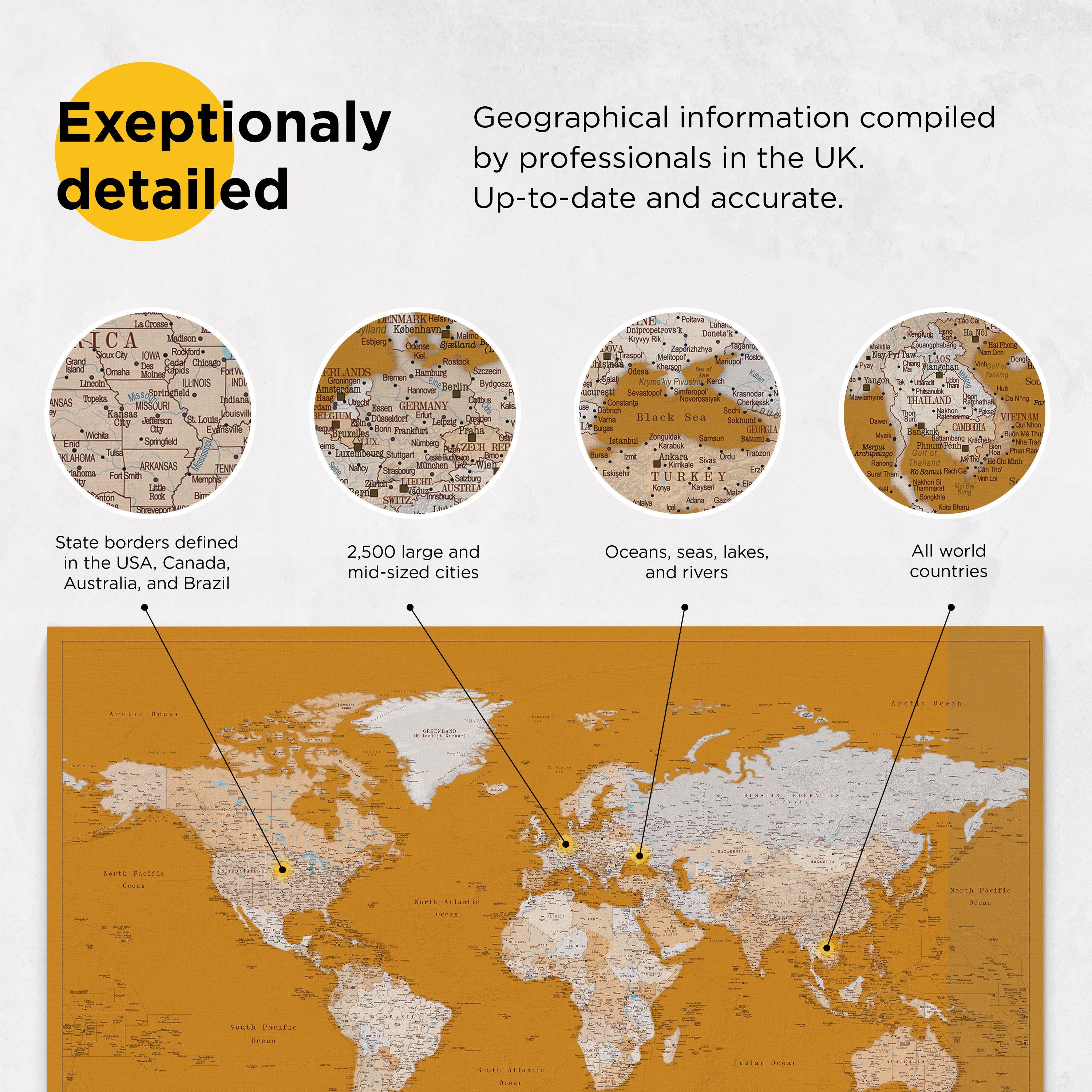 High Quality World Map Poster Mustard - Large Detailed World Map for ...