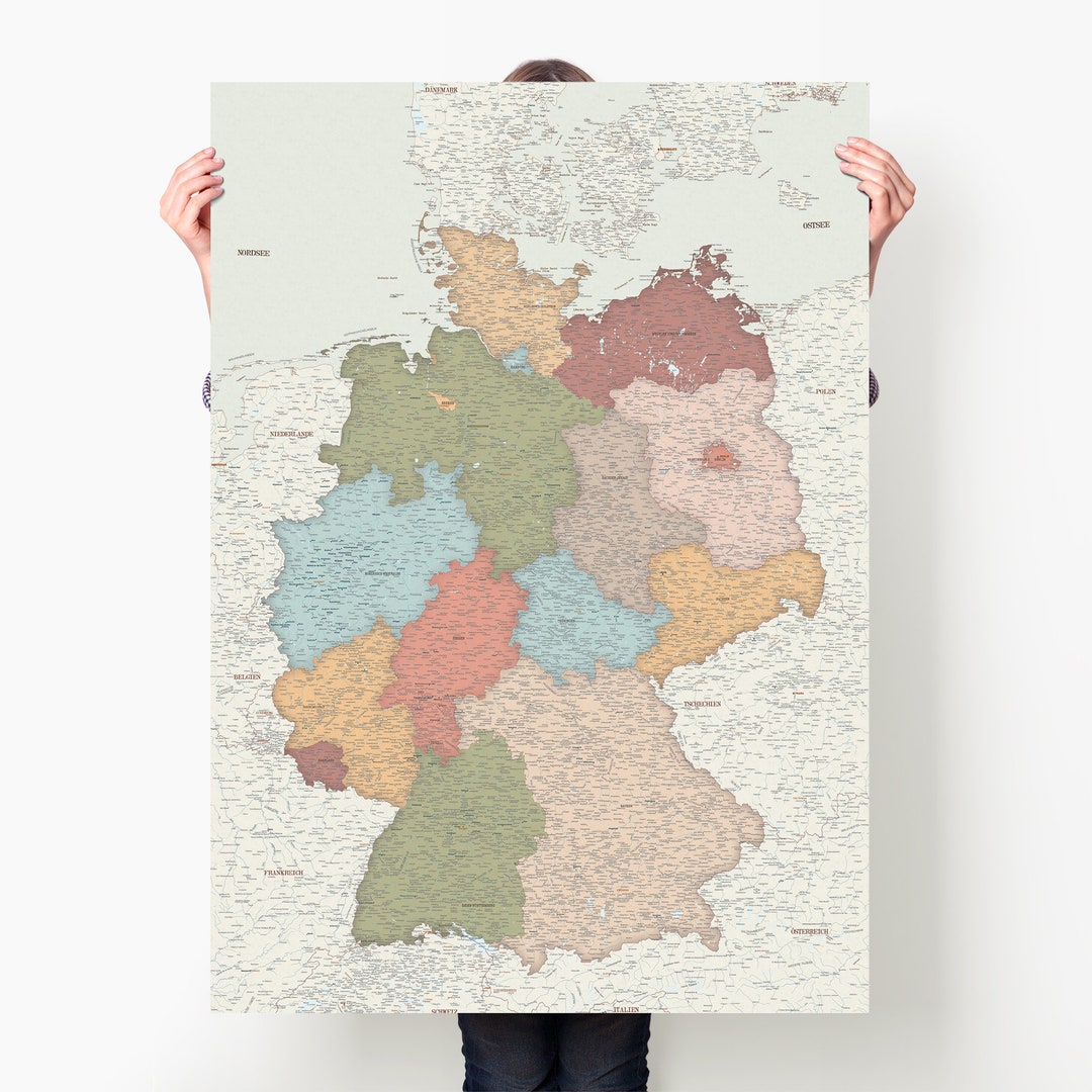 Colorful Germany Map Poster With Cities, Large Detailed Wall Art With ...