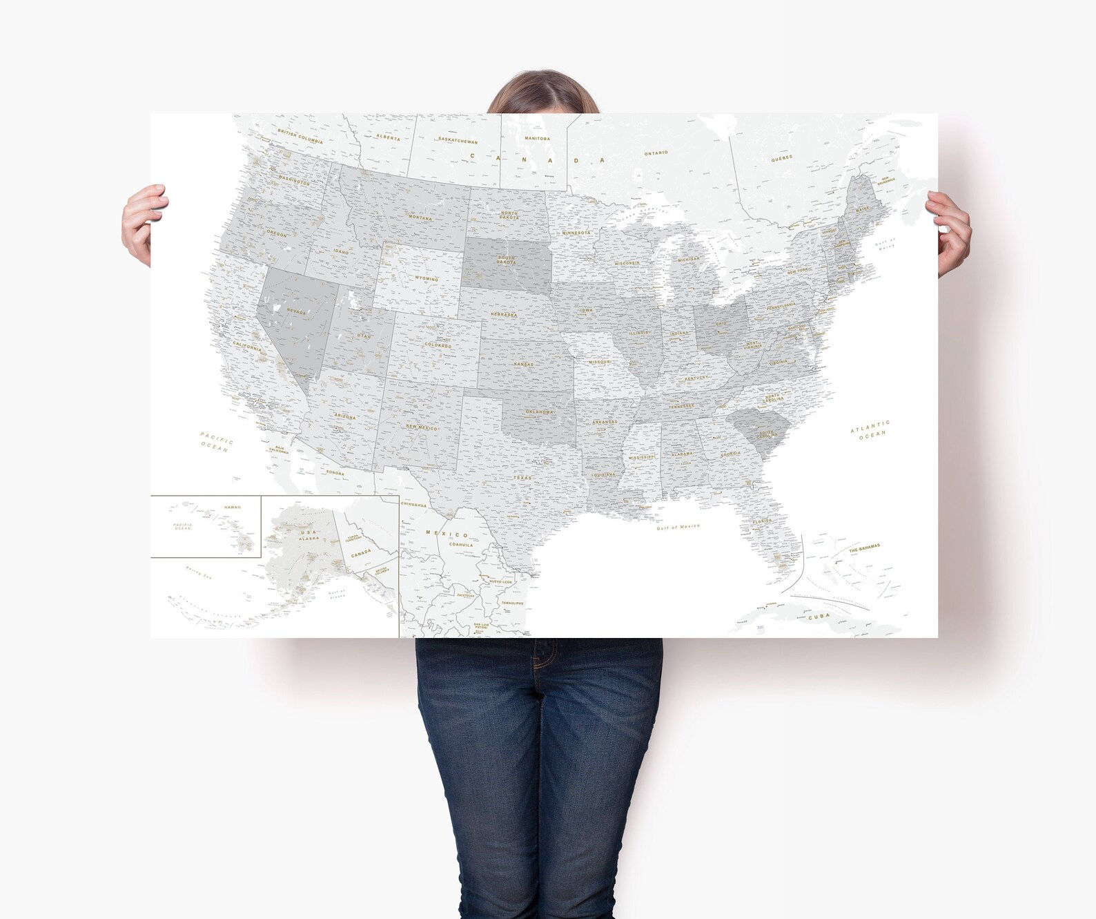Large Grey USA Map Poster Detailed United States Wall Art - Etsy