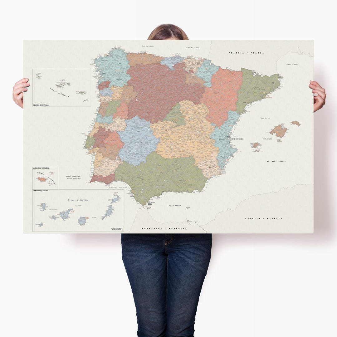 Spain & Portugal Map Poster With Cities, Large Detailed Wall Art With ...
