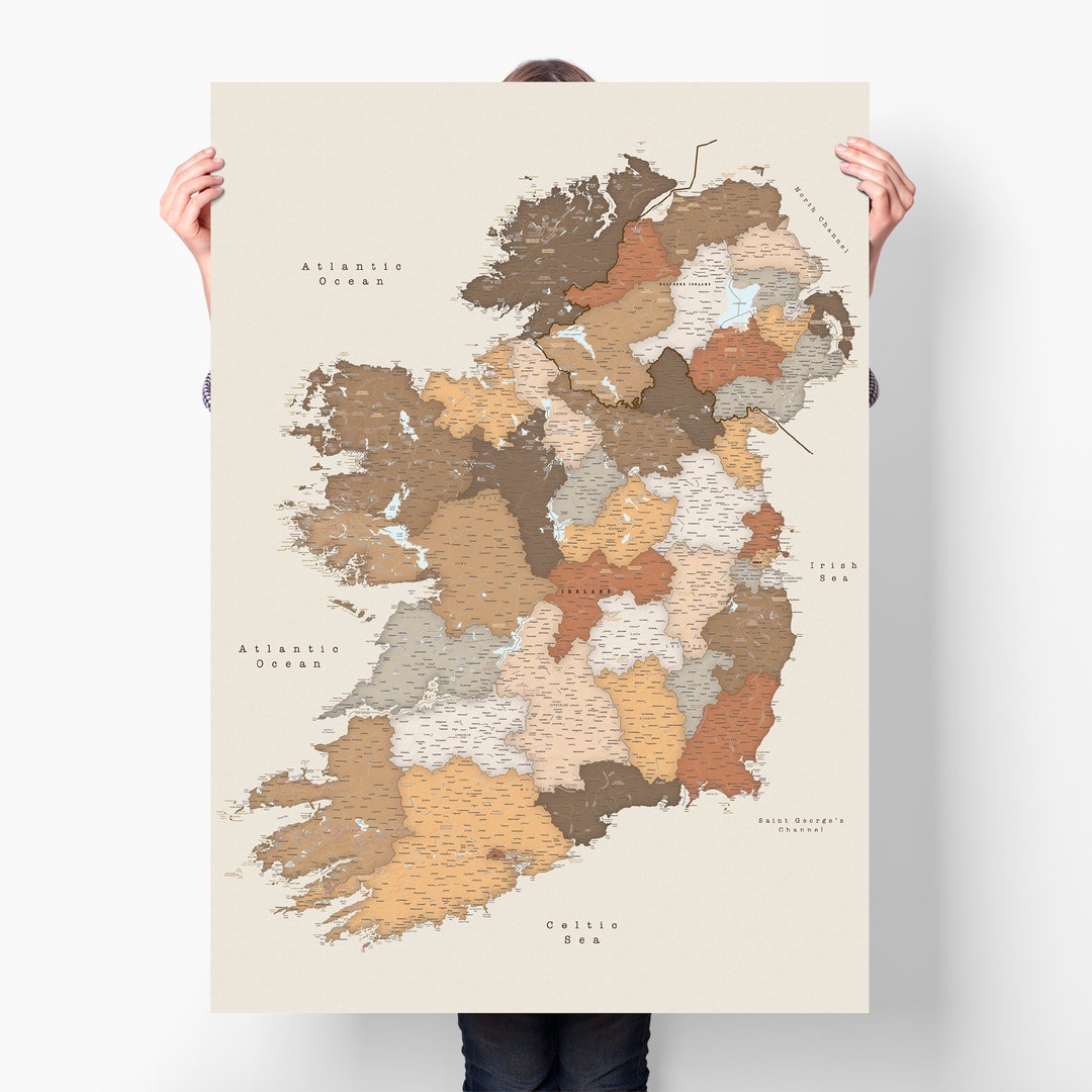 Large Map of Ireland Showing Counties, Detailed Travel Wall Art With ...