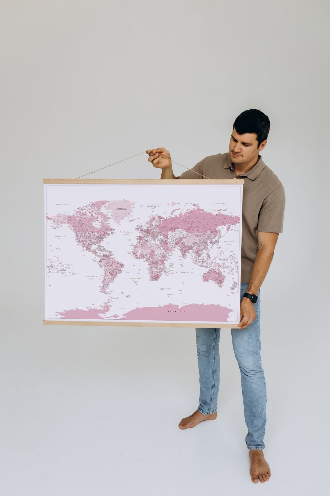 Pink World Map Poster Hanger Frame Accurate Detailed Travel Wall Art ...
