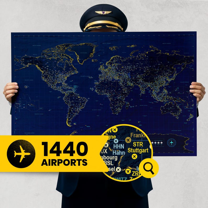 1,440 Airports World Map Poster: Personalized Aviation Wall Art Print ...