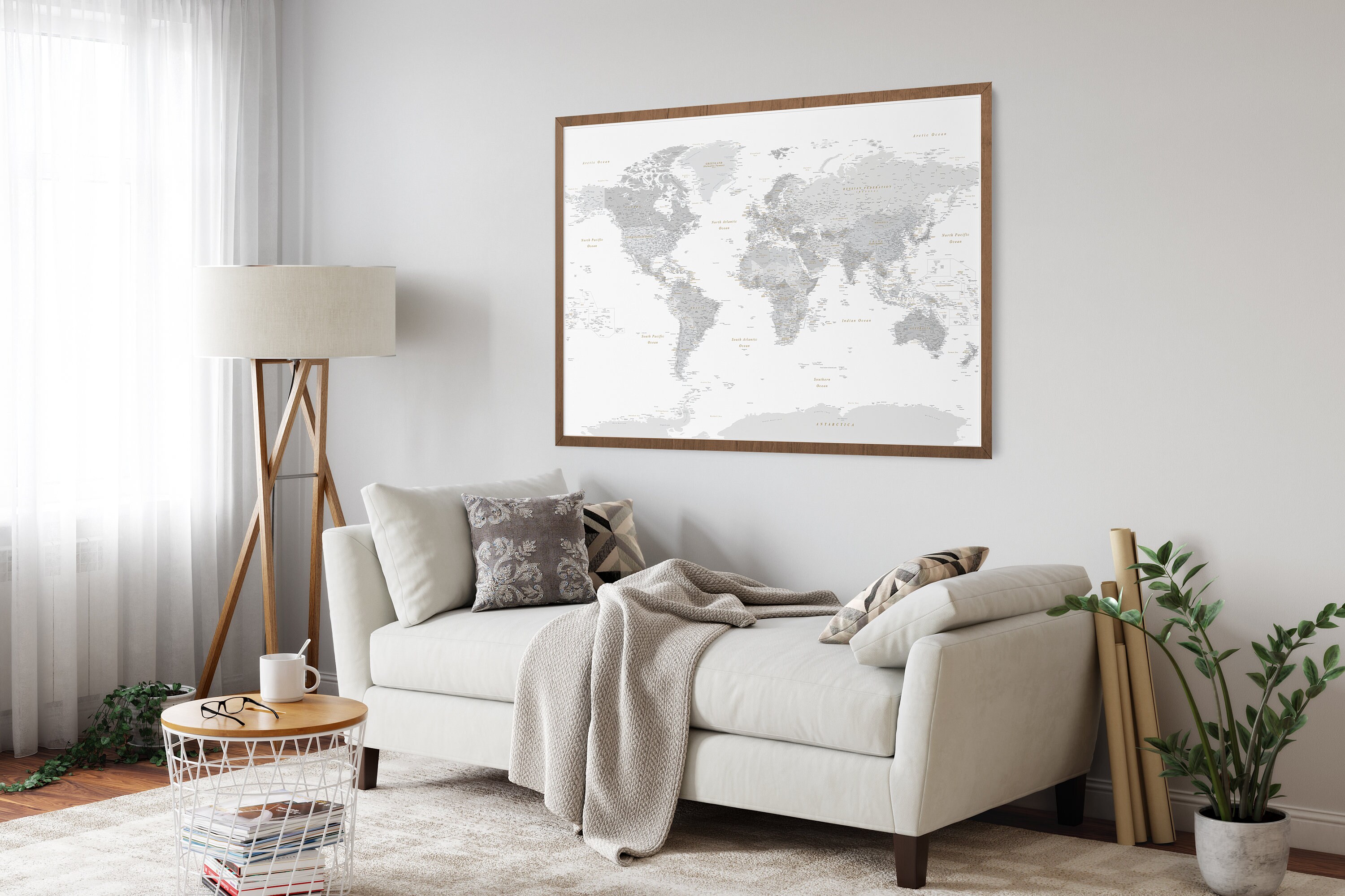 Large Grey World Map Canvas Print High Detailed Accurate | Etsy