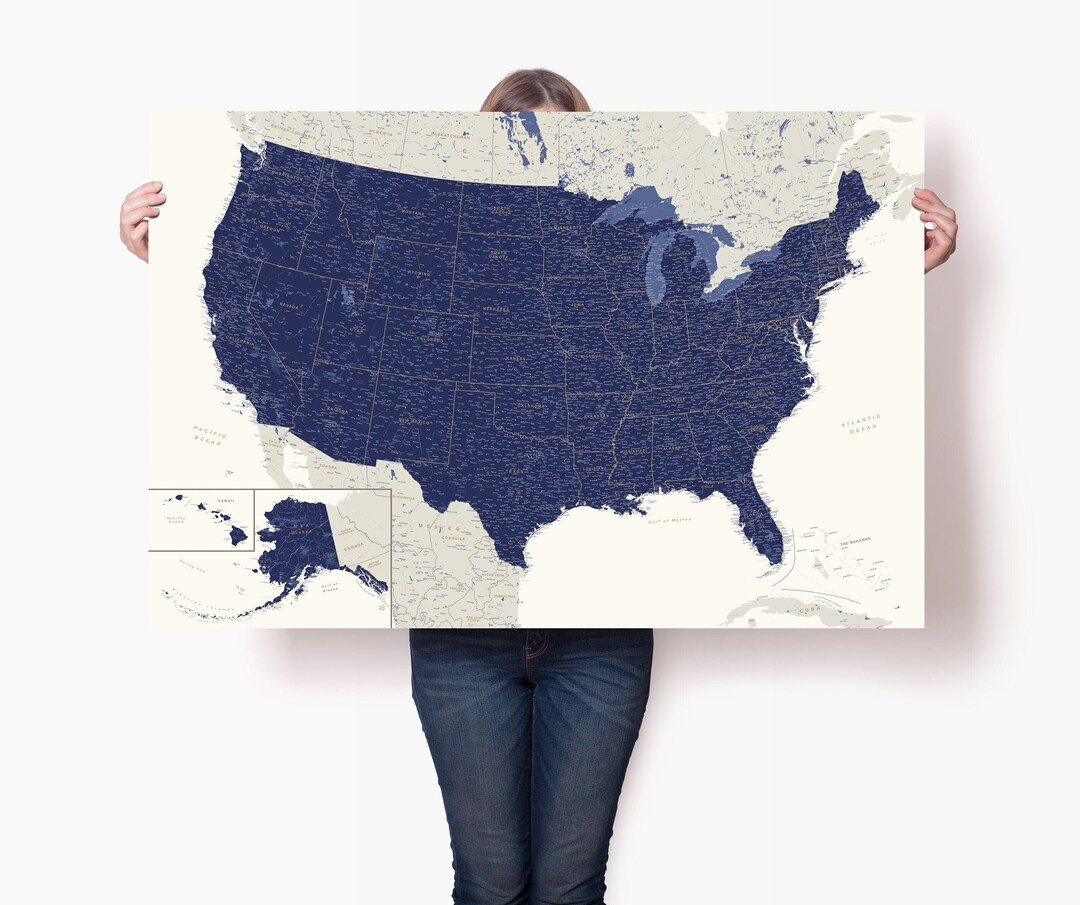 Large US Map Poster With States - Blue United States Wall Art - XXL USA ...