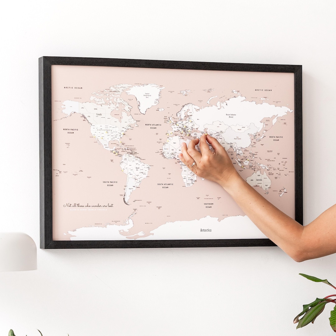Mini Push Pin World Map, Small Framed Travel Tracker Pin Board, Dusty ...