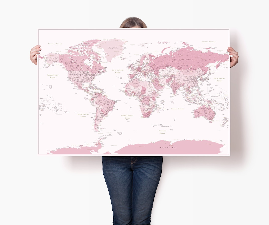 Pink World Map Poster High Detailed - Personalized Travel Map - High ...