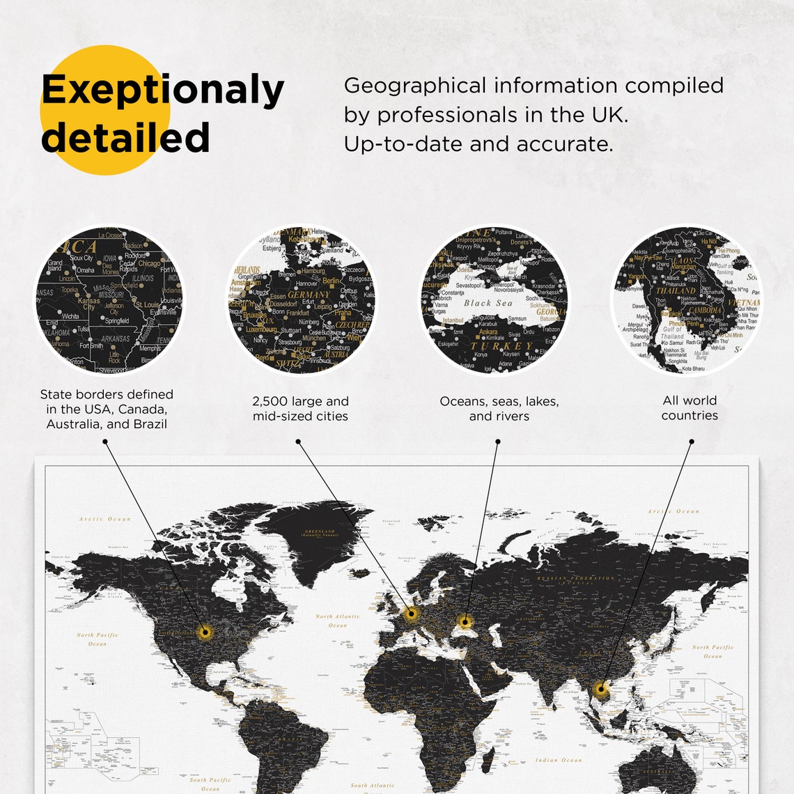 Large Black and White World Map Poster Detailed Accurate | Etsy