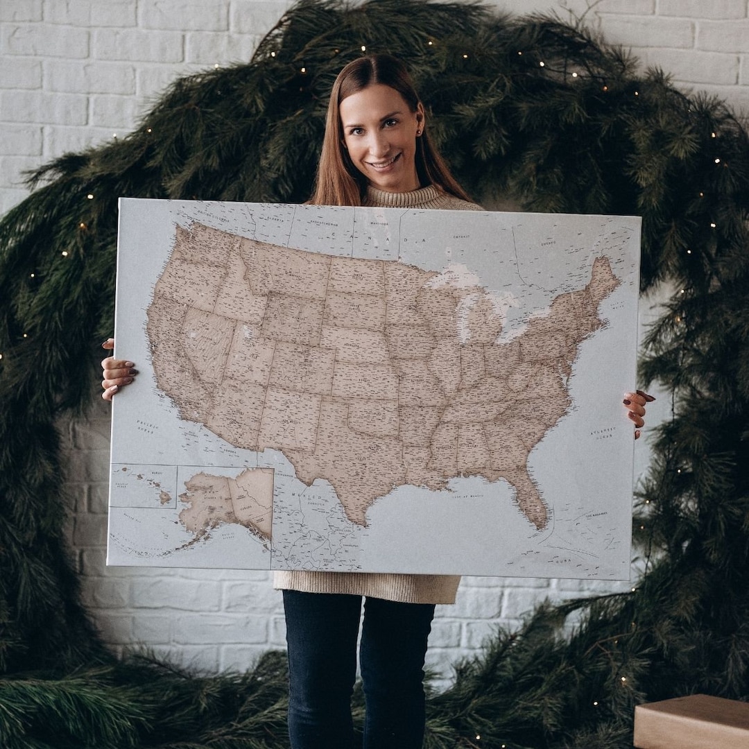 Large Push Pin USA Map Canvas Wall Decor, Detailed Personalized Travel ...