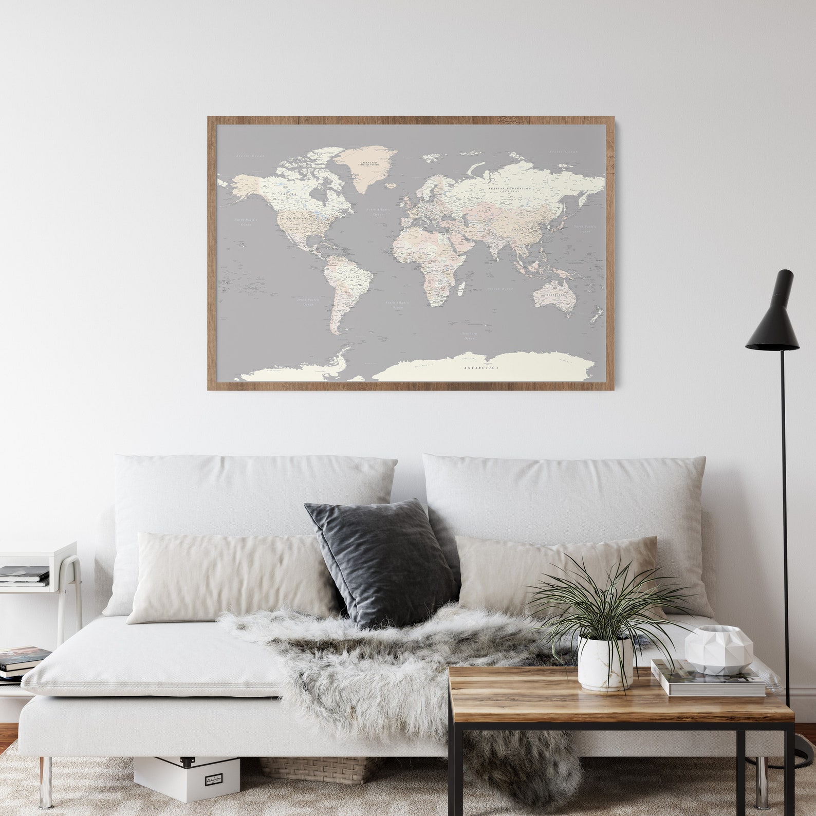 Grey World Map Poster Big Wall Travel Map Print Detailed - Etsy