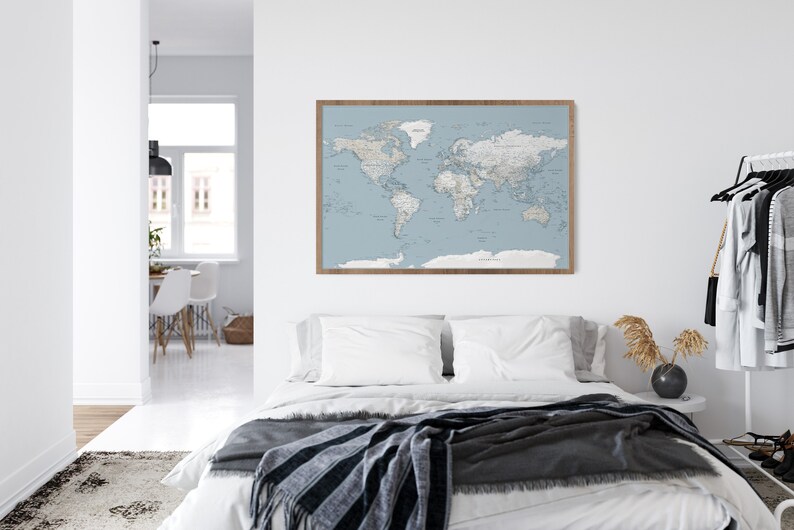 Mellow Blue World Map Poster - Accurate Big Wall Map Print - Detailed ...