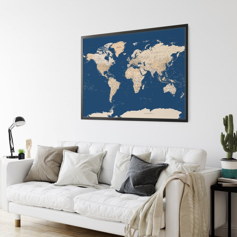 Dark Blue World Map Poster - Detailed Accurate Travel Map Print - Wall ...