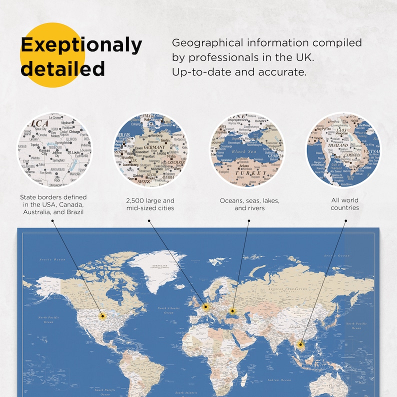 Accurate World Map Poster Blue Big Wall Map Print Detailed - Etsy