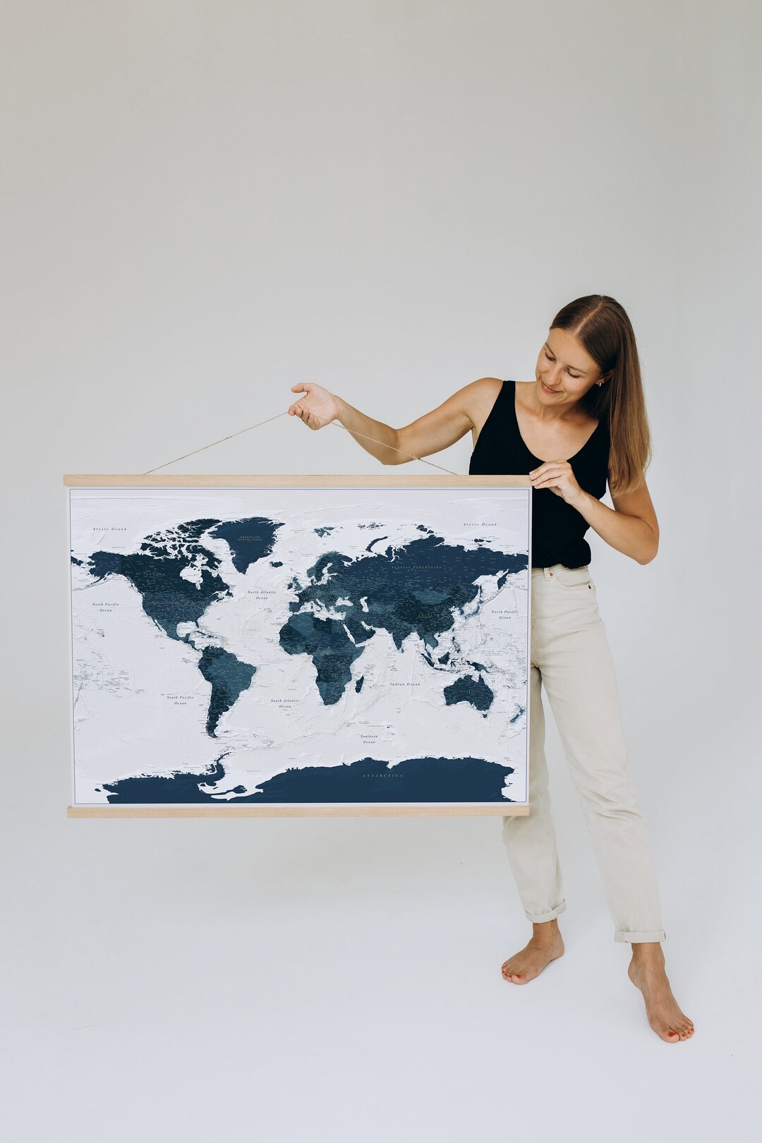 World Map Poster Wooden Hanger Frame Modern Detailed Personalized ...