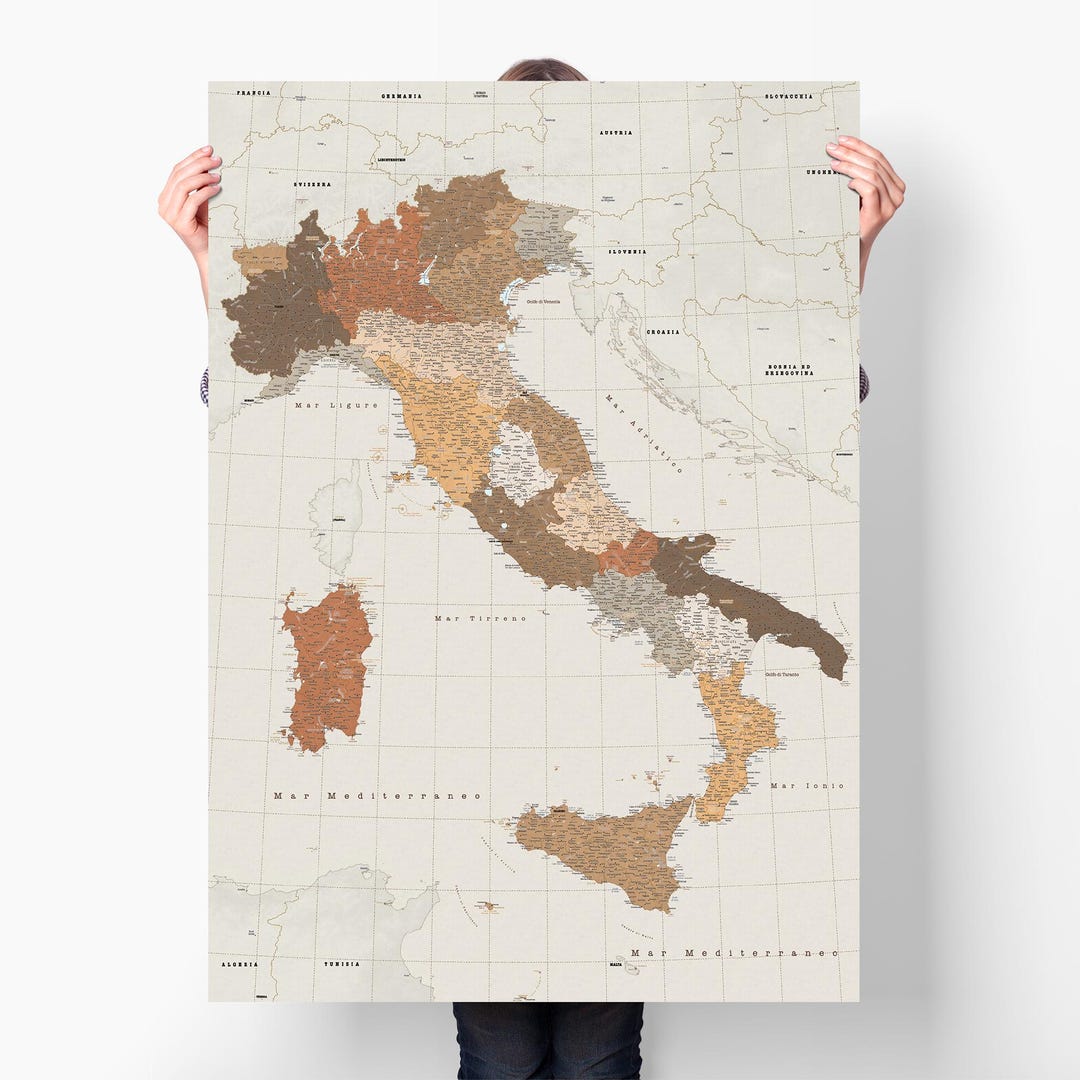 Italy Travel Map Poster, Detailed Wall Map of Italy With Regions and ...