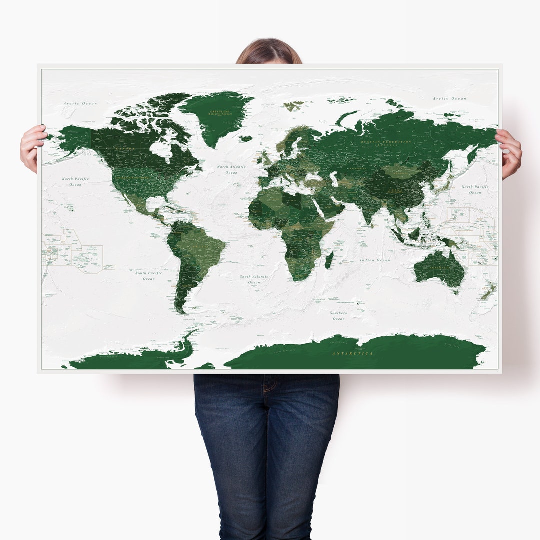 Forest Green World Map Poster - Accurate Giant Wall Map Print ...