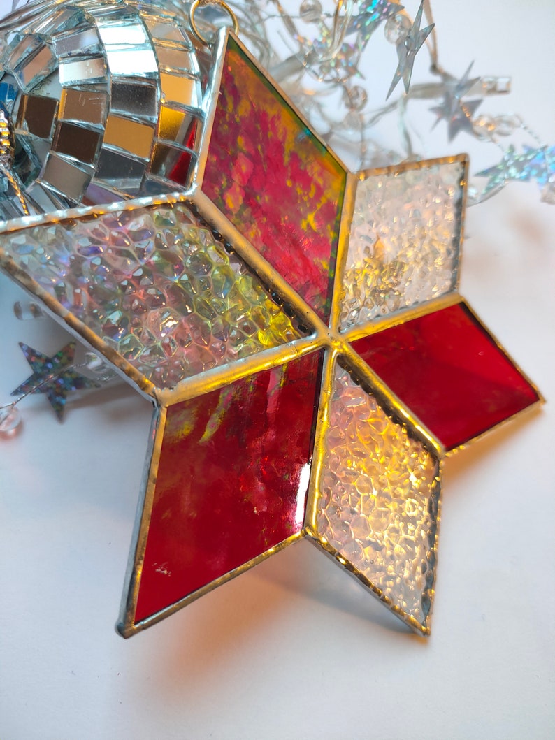 Iridescent Red Handmade Stained Glass Star Etsy