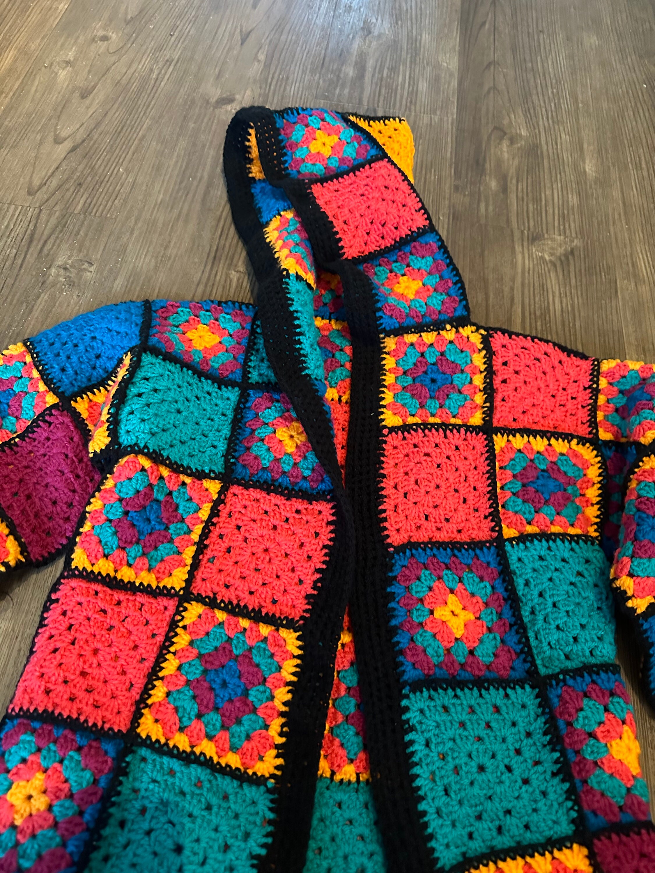 Crocheted Granny Square Hooded Jacket Afghan Style Retro Festival Wear ...