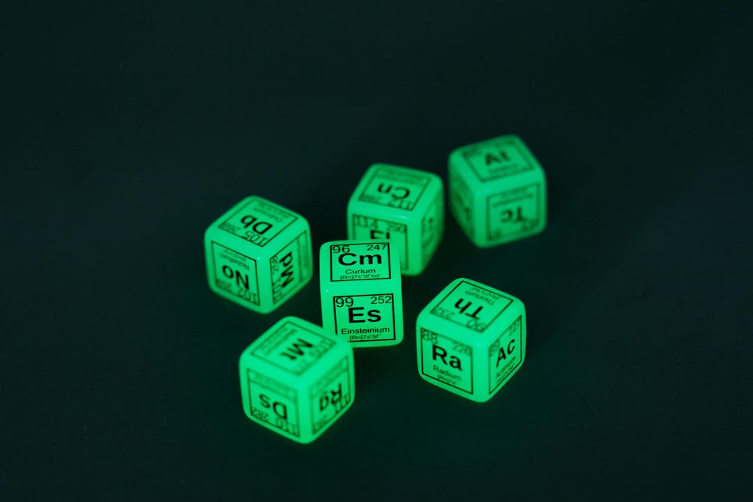 Periodic Table Dice - 36 Element, 6 Dice Radioactive Glow in Dark Set ...