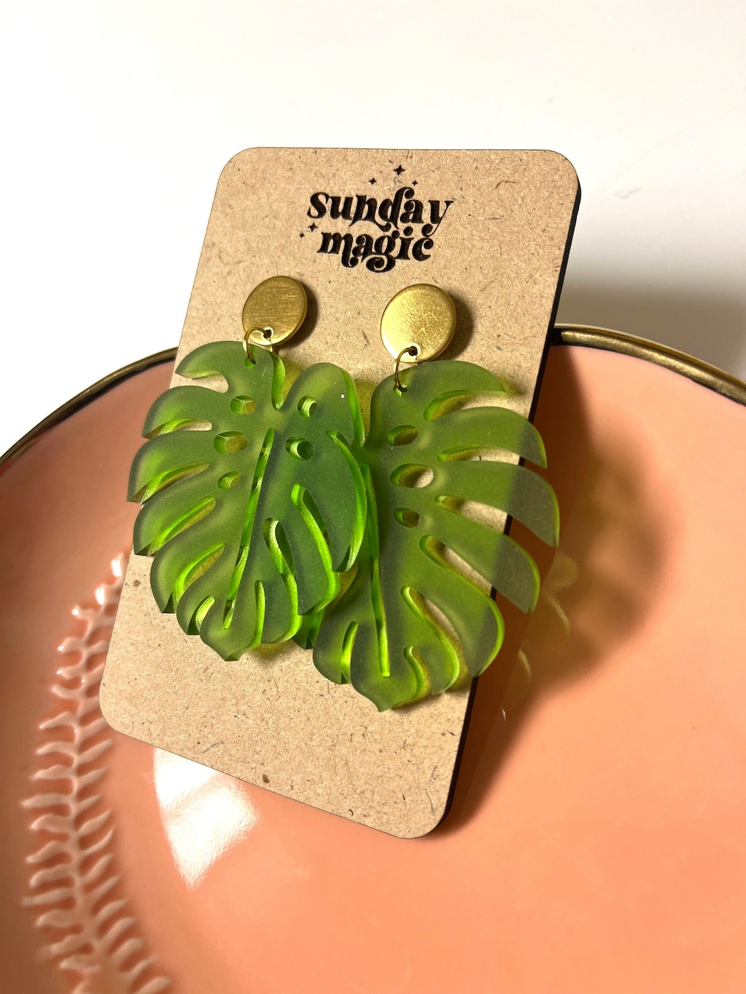 Monstera Palmetto Leaf Earrings, Frosted Green Acrylic Earrings ...