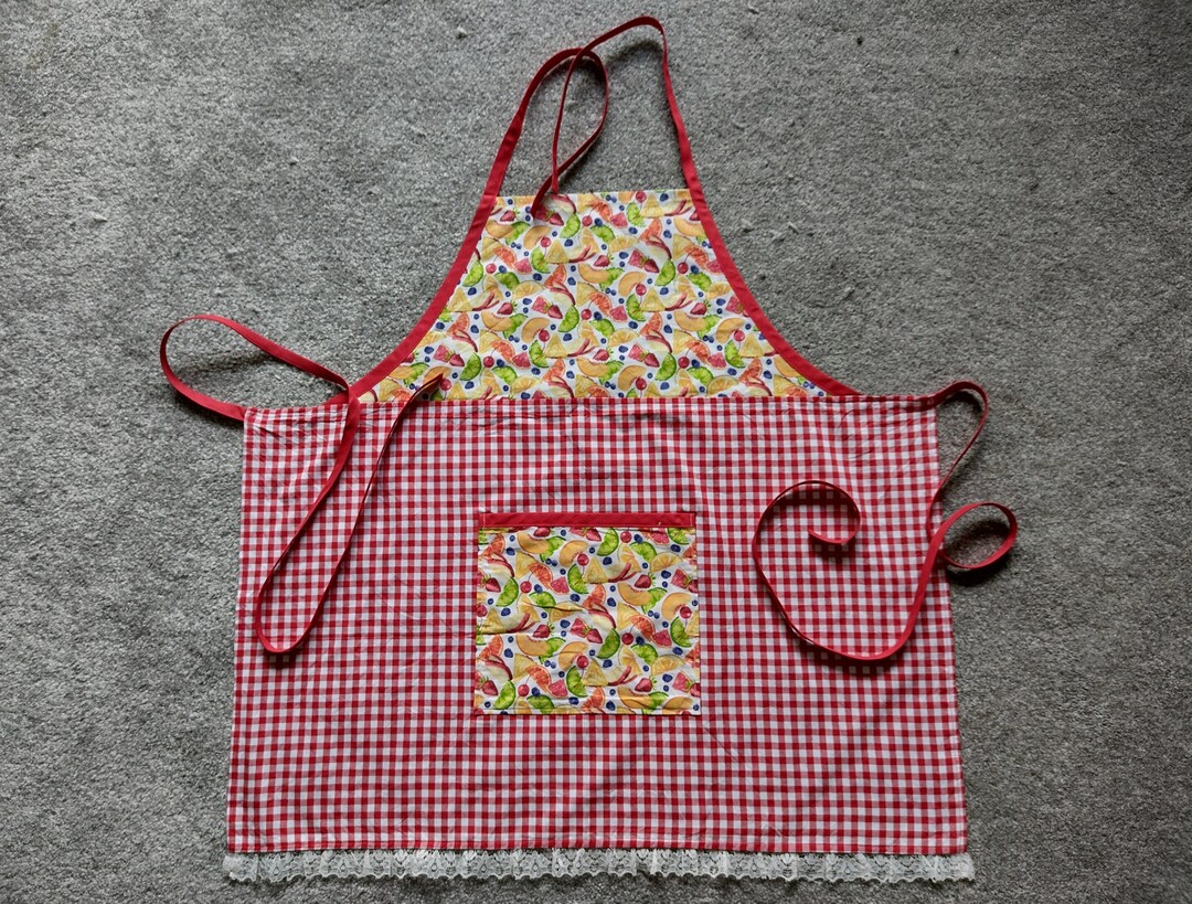 Red Gingham and Glittery Fruit Print Frilly Cotton Apron, Full Length ...
