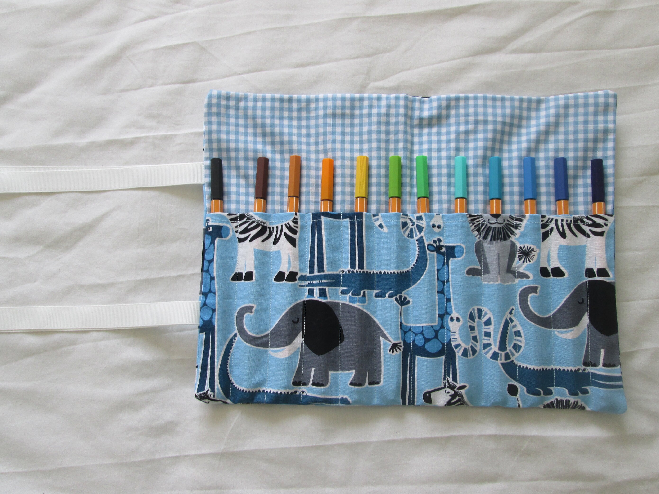 Light Blue Safari Animals and Check Pencil Roll White Ribbon - Etsy