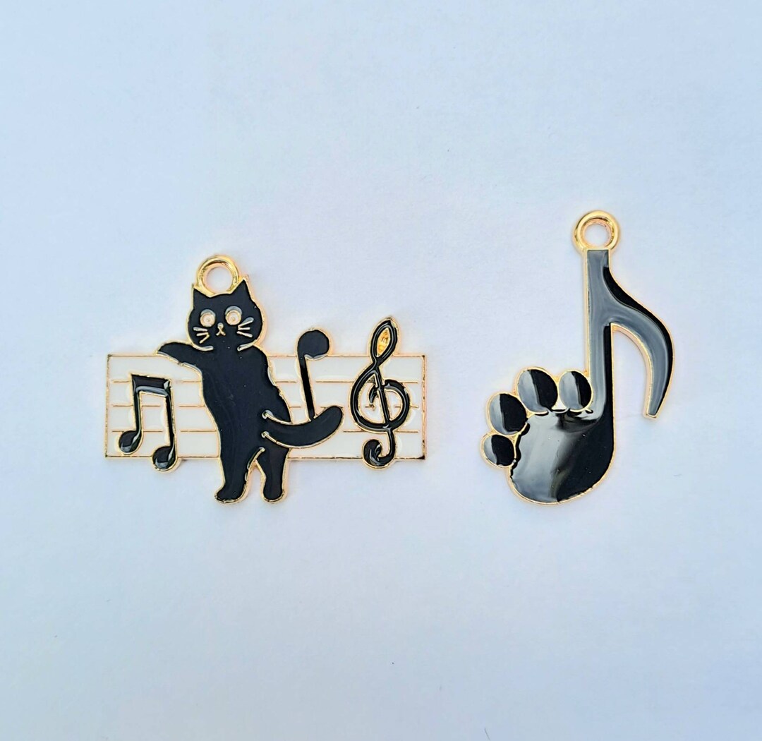 Duo Charms: Cat and Musical Note Cat's Paw Gold Metal, Enameled Colors ...