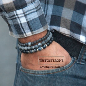 Mens Gemstone Bracelet: Black Onyx, Lava, Agate, Sterling Silver Bead ...