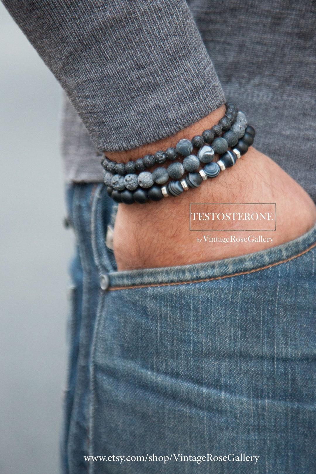 Mens Gemstone Bracelet: Black Onyx, Lava, Agate, Sterling Silver Bead ...