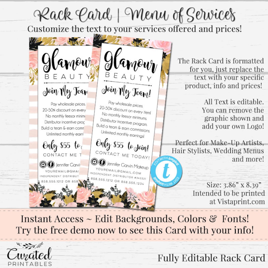 Glamour Rack Card, Makeup Artist Menu, Hair Stylist Services, Rack Card ...