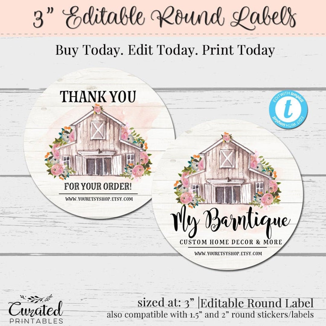 Farmhouse Round Sticker, Editable Label, 3 Inch Round Label, Barn Label ...