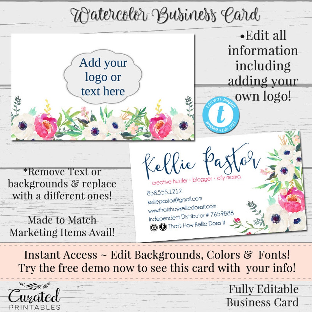Watercolor Business Card, DIY Business Card, Watercolor Card Template ...