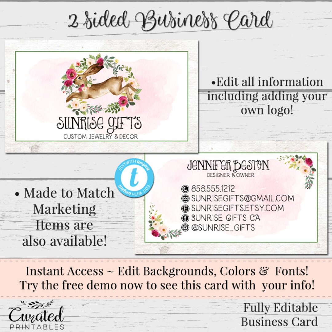 Bunny & Floral Business Card, Rabbit Business Card, Watercolor Card ...