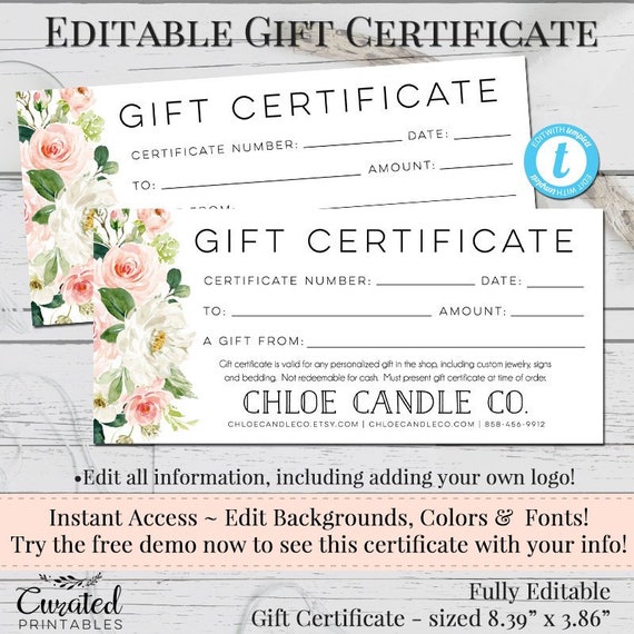Editable Gift Certificate Voucher Printable Gift Cert DIY | Etsy