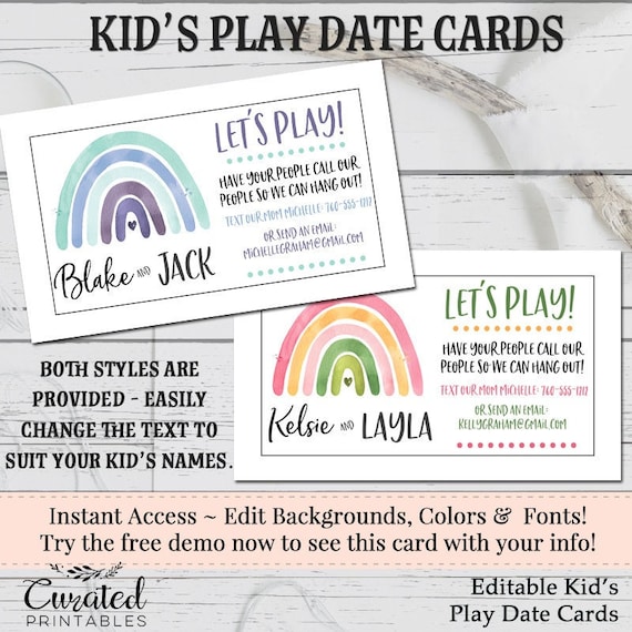 Kid's Play Date Card Editable Calling Card | Etsy