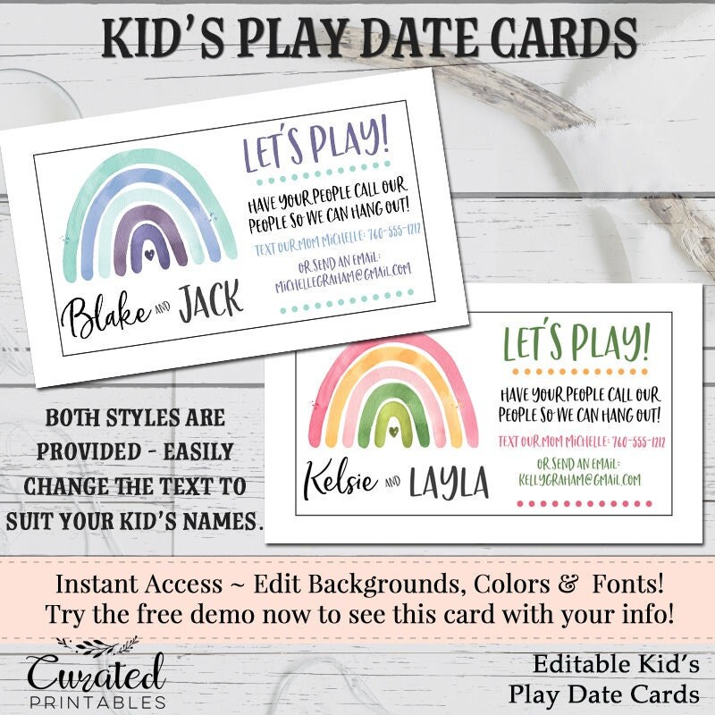 Kid's Play Date Card Editable Calling Card | Etsy